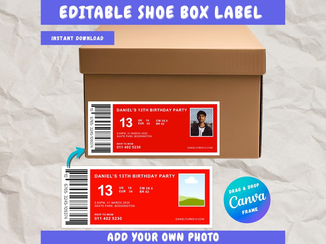 Editable Shoe Box Party Invitation Canva Template Sneaker Box Label ...