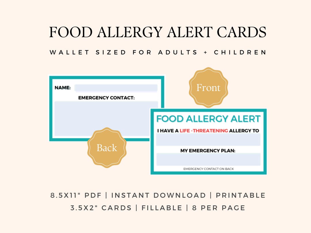 Food Allergy Alert Card Printable for Kids & Adults; Personalize ...