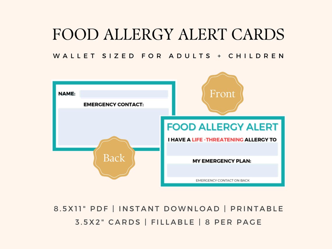 Printable Food Allergy Alert Cards for Kids & Adults, Fillable ...