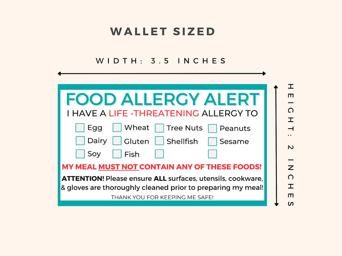 Food Allergy Alert Card Printable, Food Allergy Card for Adults & Kids, Chef Card to Provide to ...