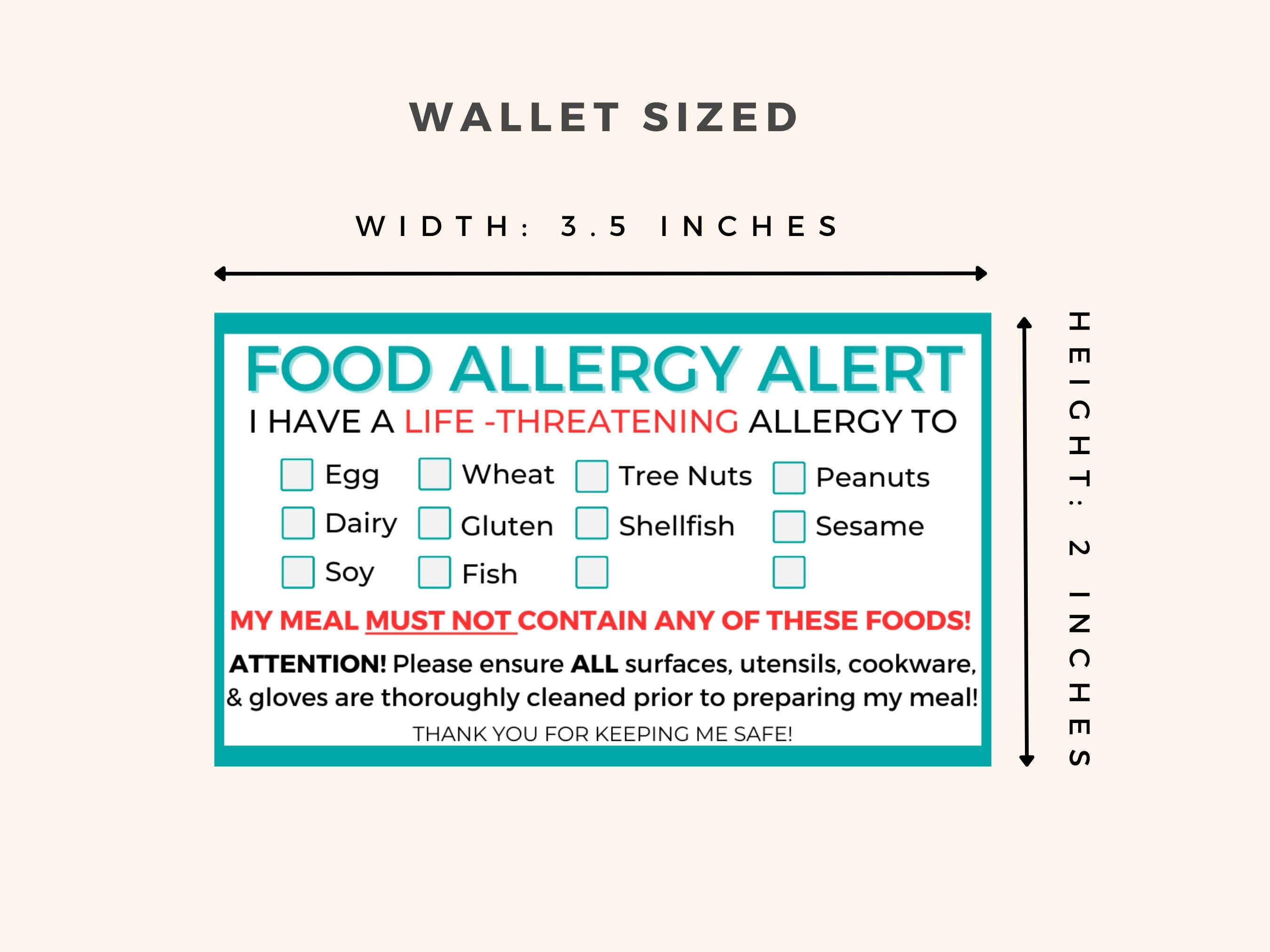 Food Allergy Alert Card Printable, Food Allergy Tag for Adults & Kids ...