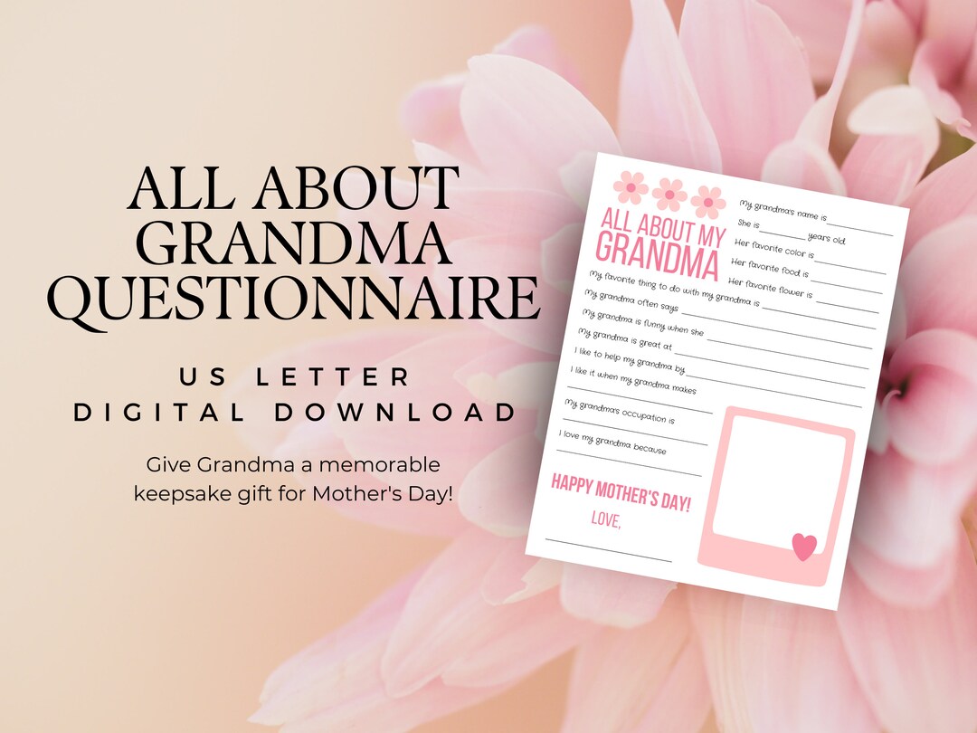Mother's Day Questionnaire Printable Gift for Grandma From Kids, Pink ...