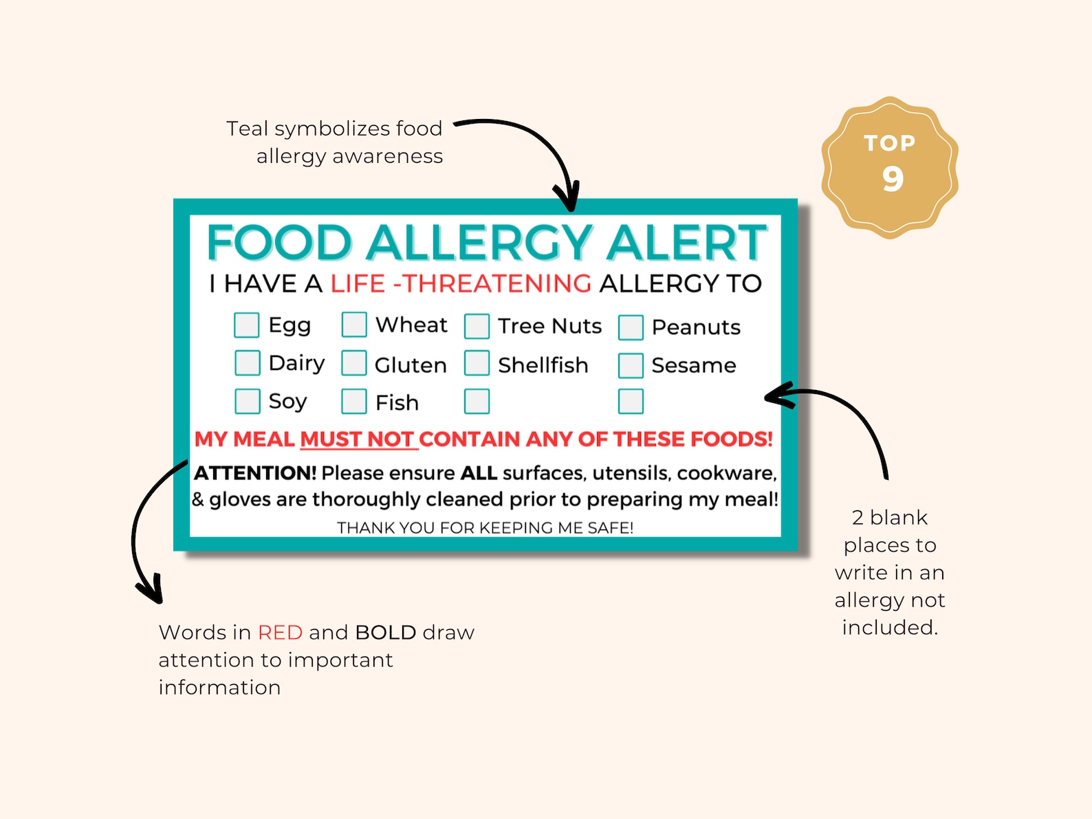 Food Allergy Alert Card Printable, Food Allergy Card for Adults & Kids ...