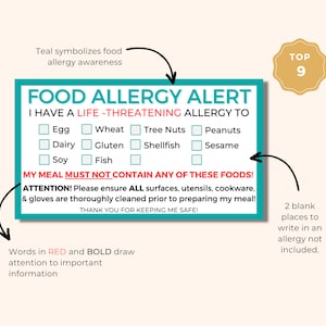 Food Allergy Alert Card Printable, Food Allergy Card for Adults & Kids ...