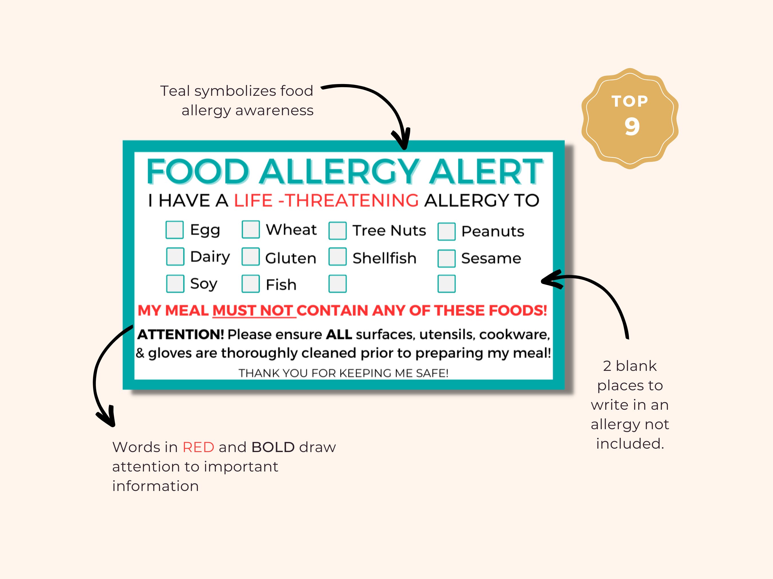 Food Allergy Card, Allergy Card for Kids, Chef Card, Food Allergy ...