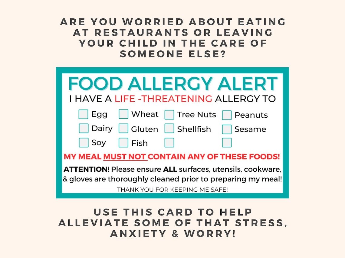 Food Allergy Alert Card Printable, Food Allergy Card for Adults & Kids ...