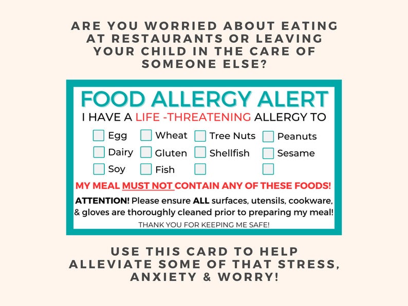 Food Allergy Alert Cards for Adults & Kids (printable PDF) - Etsy