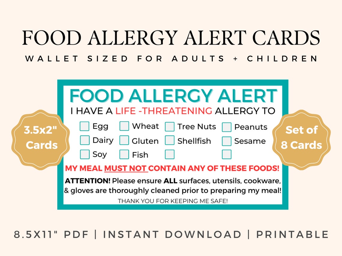 Food Allergy Card, Allergy Card for Kids, Chef Card, Food Allergy ...