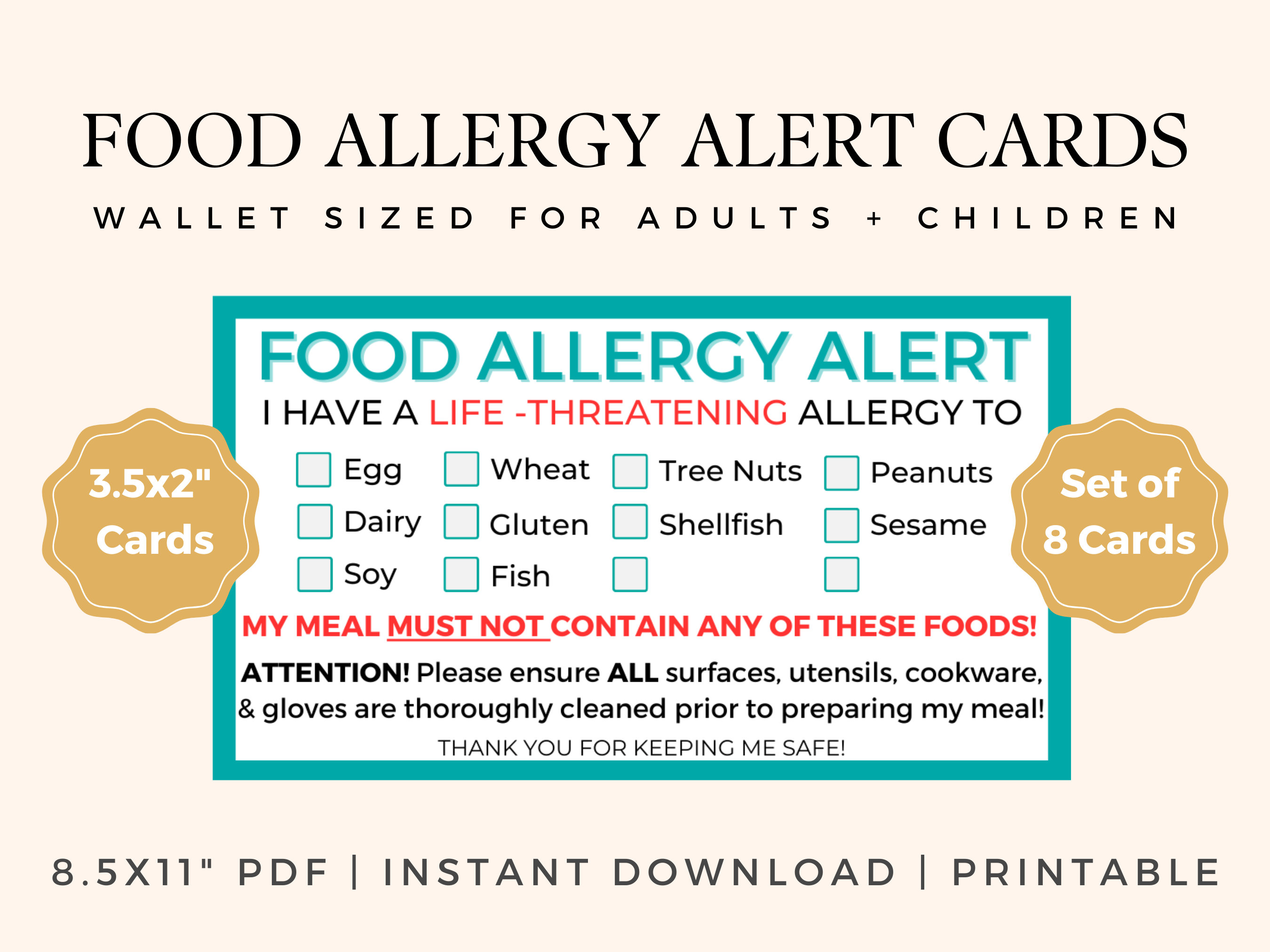 Food Allergy Card, Allergy Card for Kids, Chef Card, Food Allergy ...