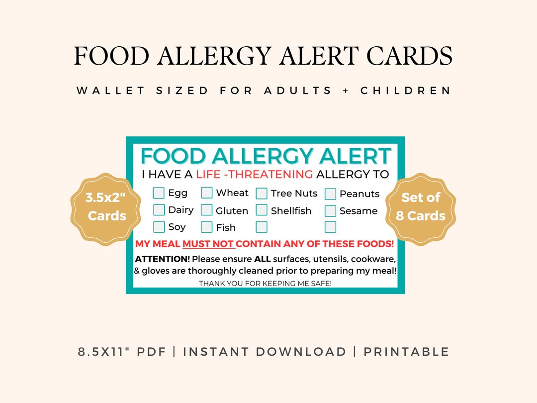 Food Allergy Alert Card Printable, Food Allergy Card for Adults & Kids ...
