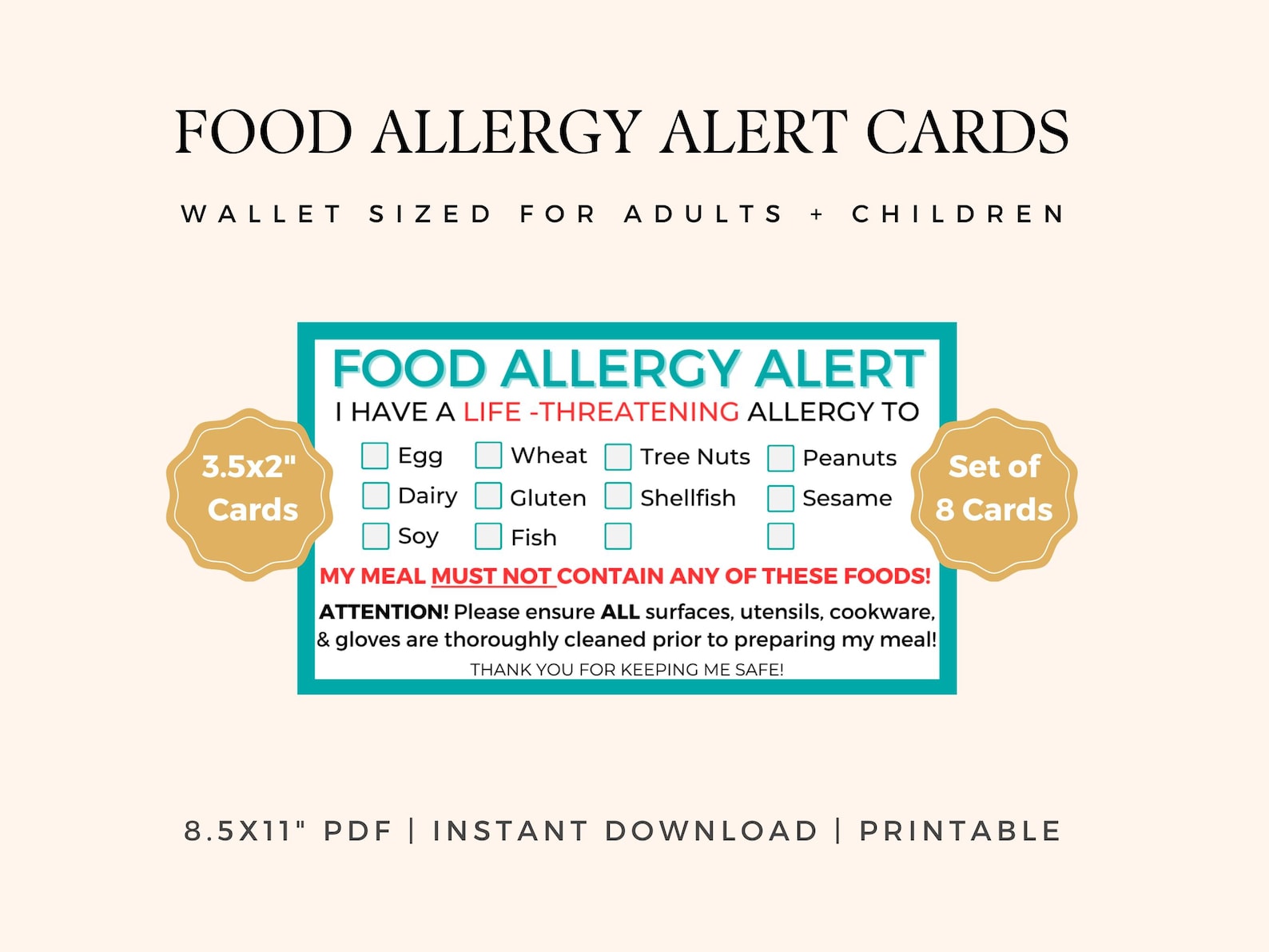 Food Allergy Alert Card Printable, Food Allergy Card for Adults & Kids ...