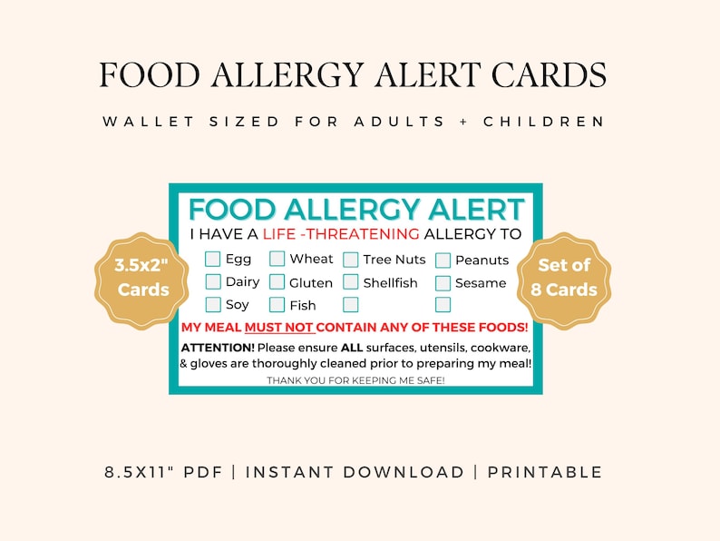 Food Allergy Alert Card Printable, Food Allergy Card for Adults & Kids ...