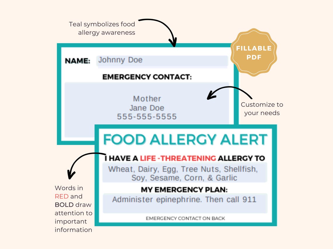 Printable Food Allergy Alert Cards for Kids & Adults, Fillable ...