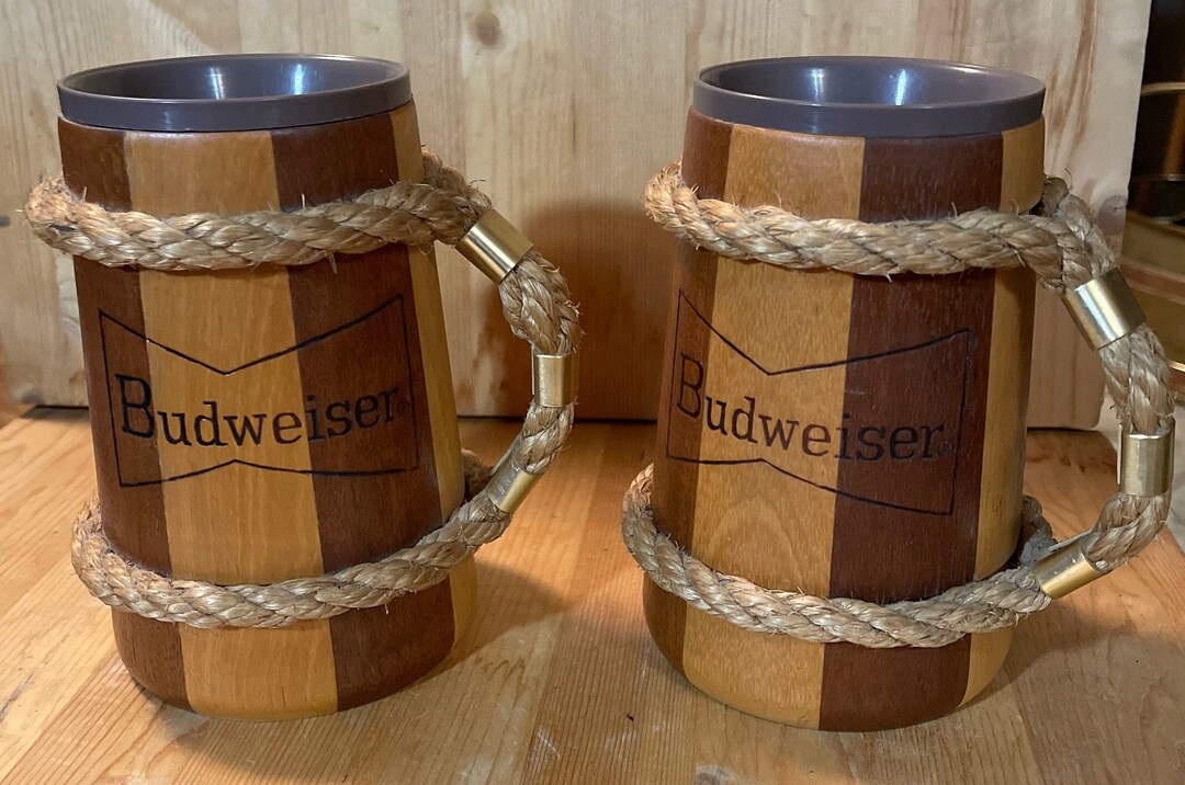 2 Vintage Budweiser Roped Wooden Beer Mugs Steins With Plastic Inserted ...