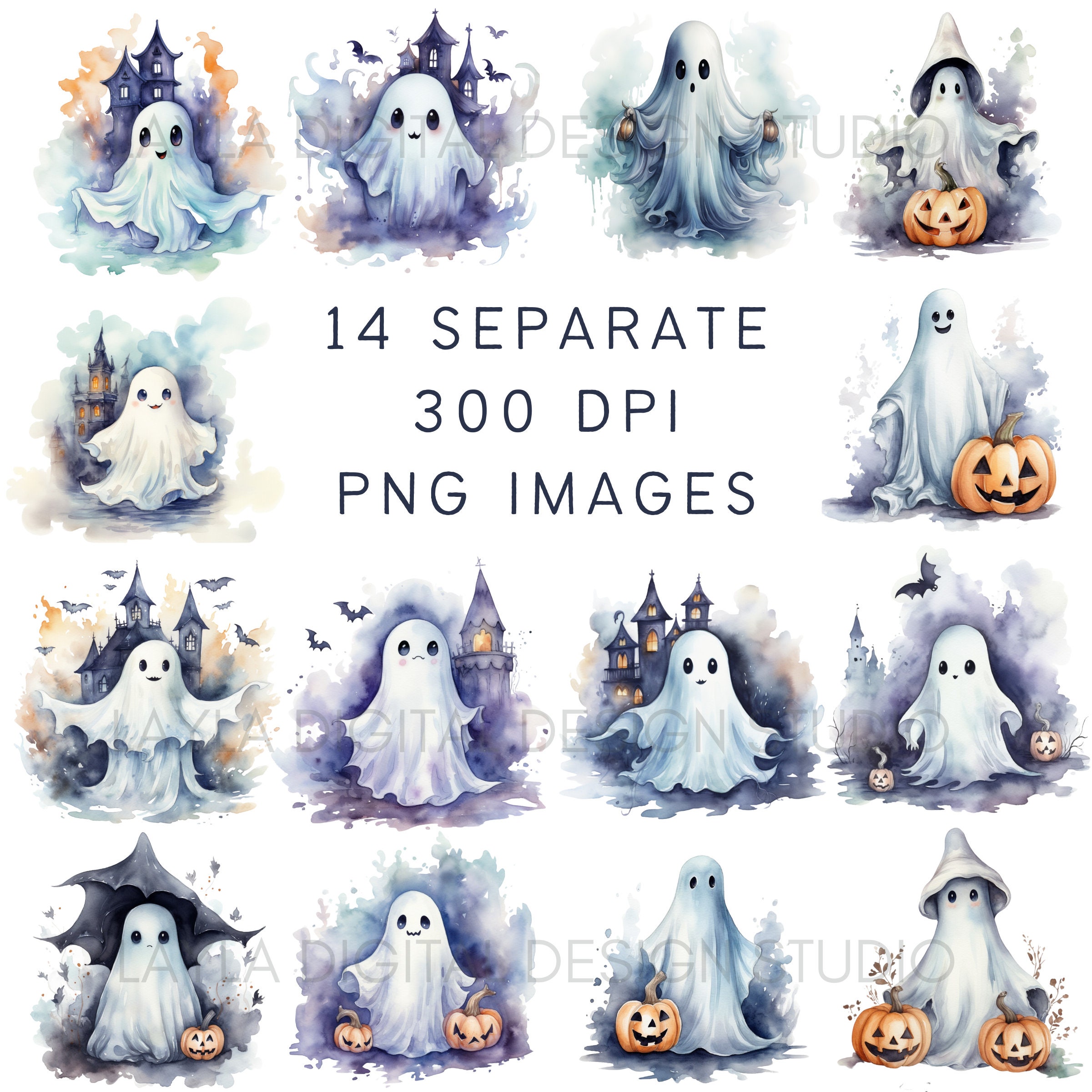 Watercolor Cute Ghost Clipart Watercolor Halloween PNG Spooky Collage ...