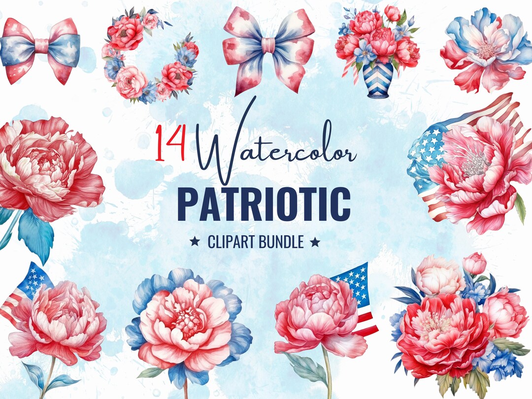 Watercolor Patriotic Flowers Clipart Bundle PNG, Independence Day ...