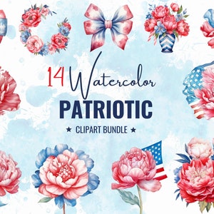 Watercolor Patriotic Flowers Clipart Bundle PNG, Independence Day ...