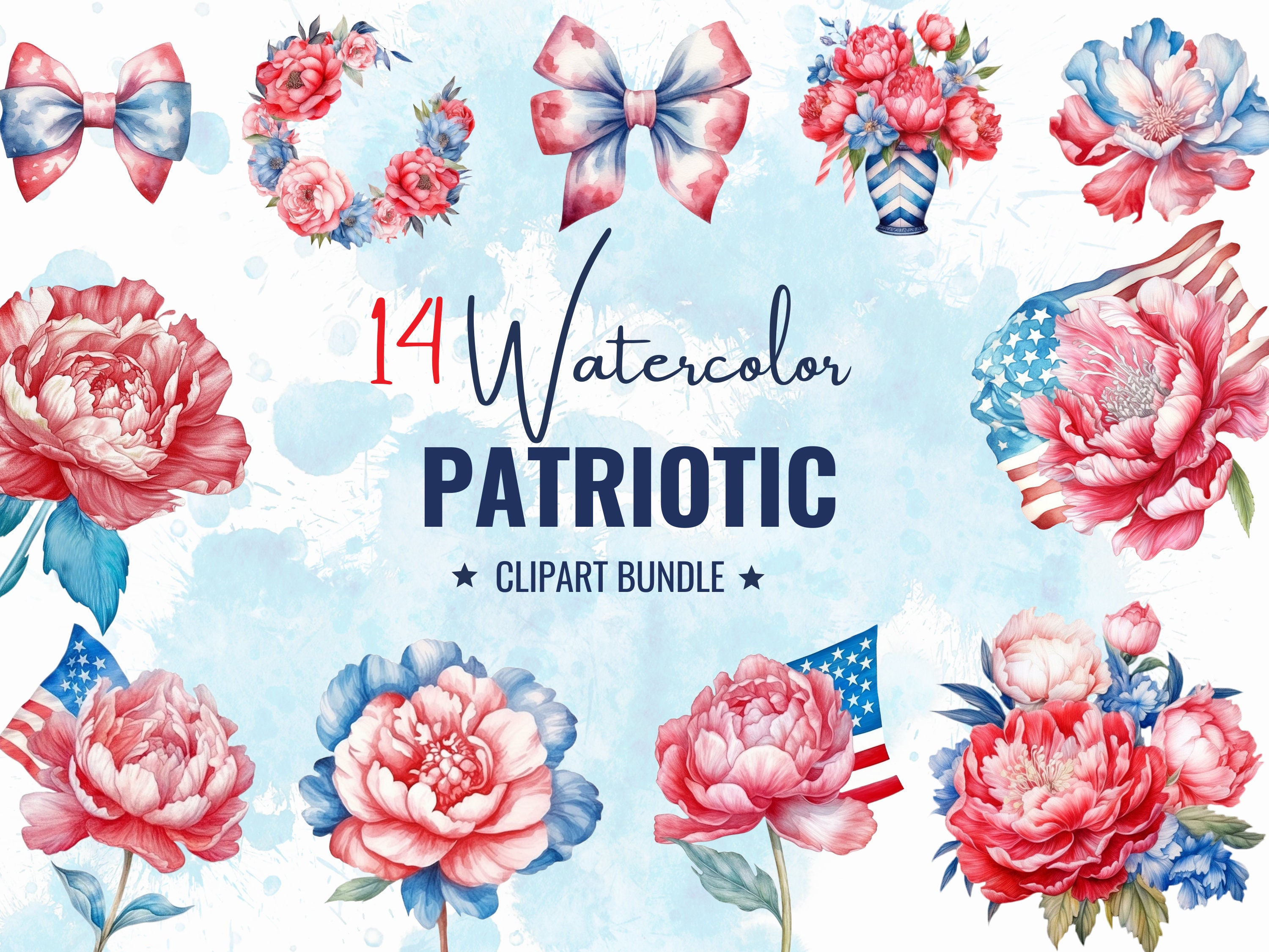 Watercolor Patriotic Flowers Clipart Bundle PNG, Independence Day ...