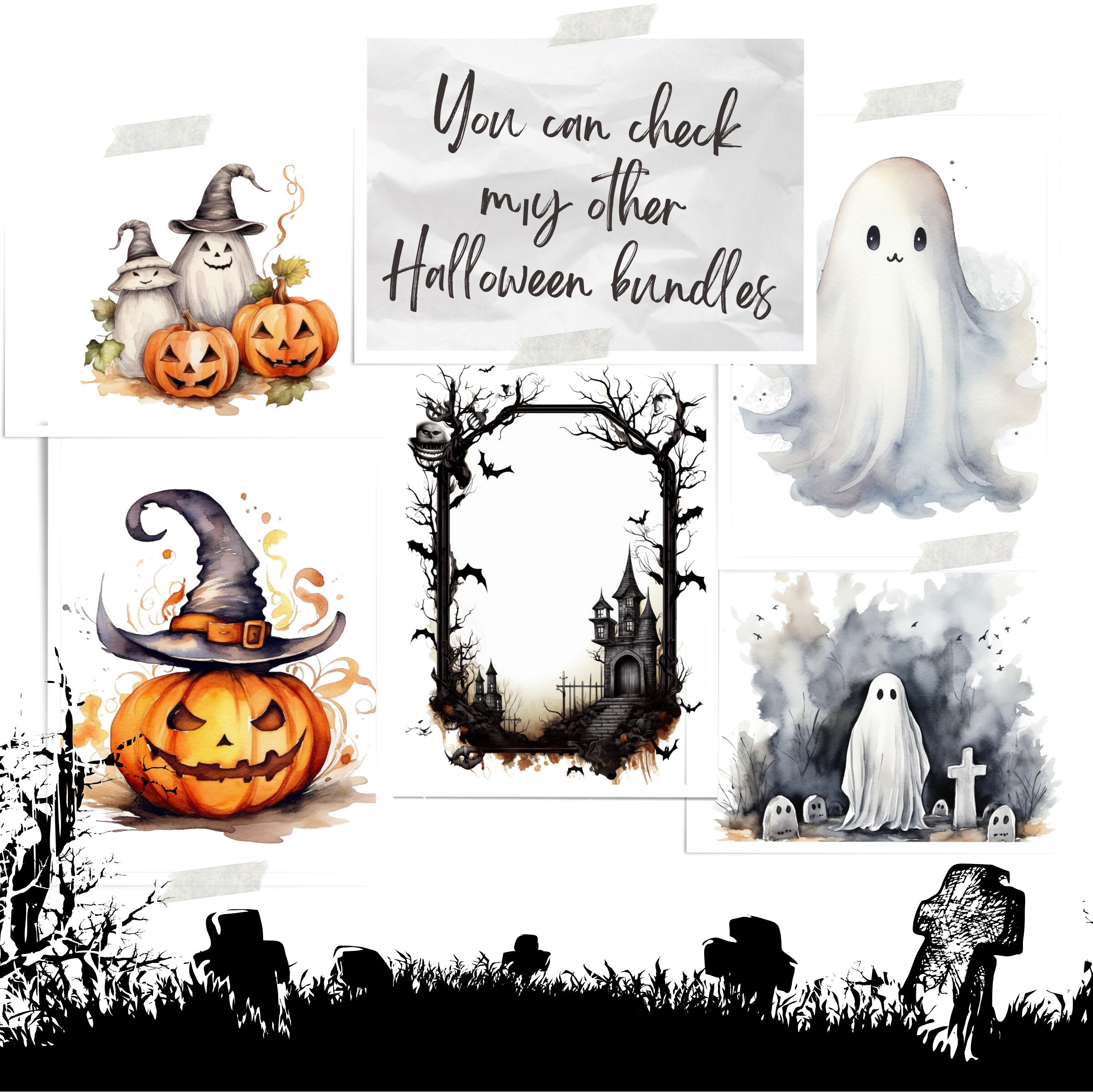 Watercolor Cute Ghost Clipart Watercolor Halloween PNG Spooky Collage ...