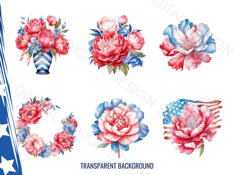 Watercolor Patriotic Flowers Clipart Bundle PNG, Independence Day ...