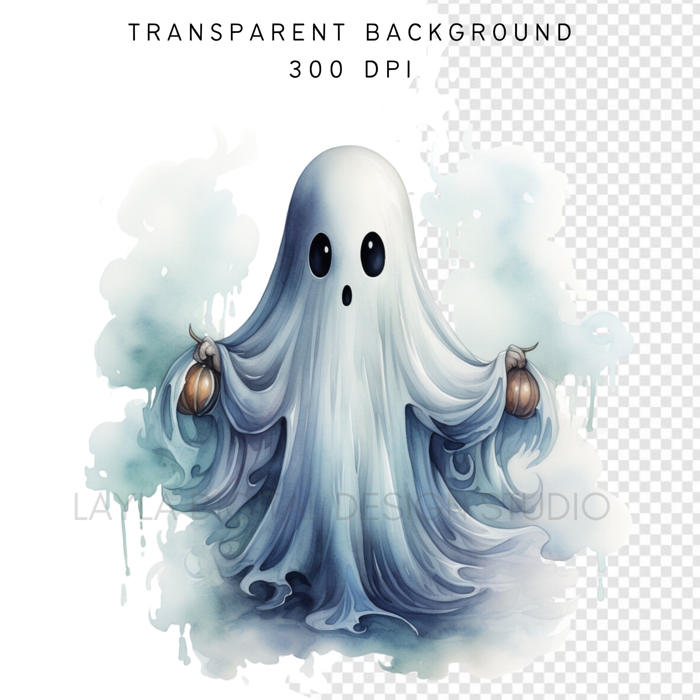 Watercolor Cute Ghost Clipart Watercolor Halloween PNG Spooky Collage ...