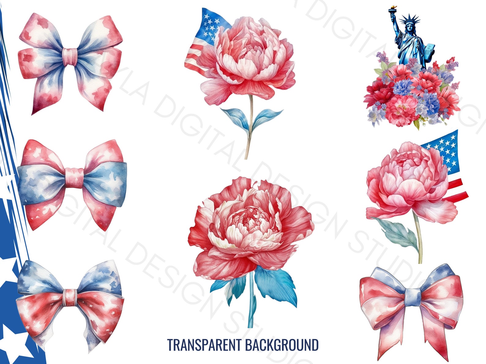 Watercolor Patriotic Flowers Clipart Bundle PNG, Independence Day ...