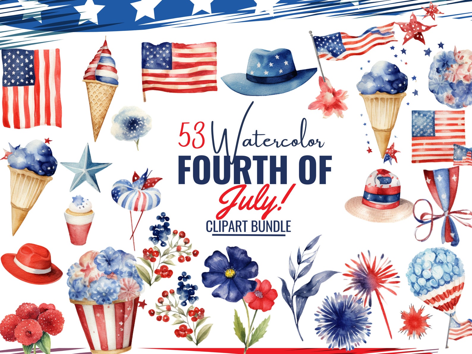 Watercolor Patriotic Clipart Bundle PNG, Patriotic Clipart ...