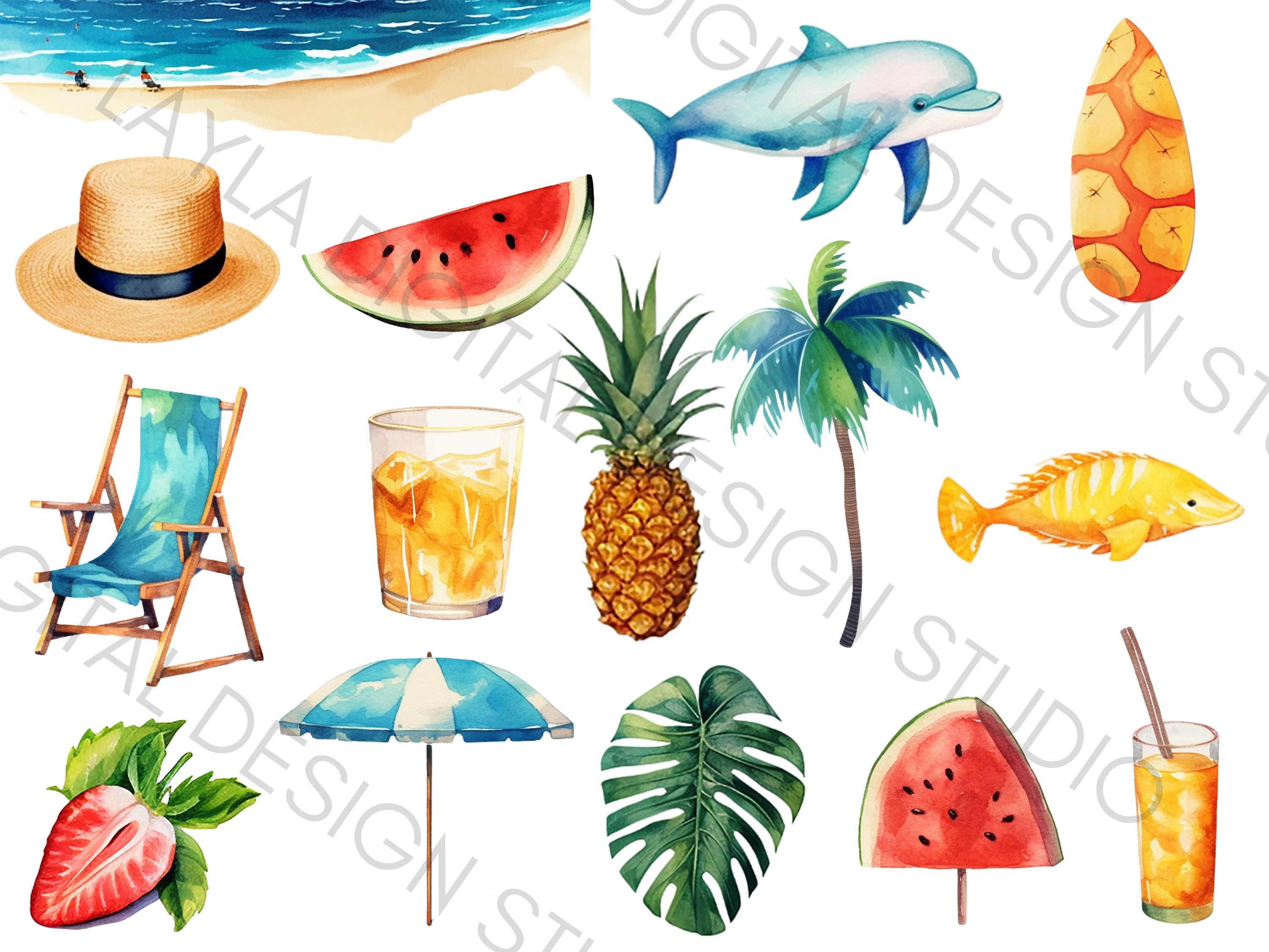 Watercolor Summer PNG Clipart Bundle ,transparent Background ...