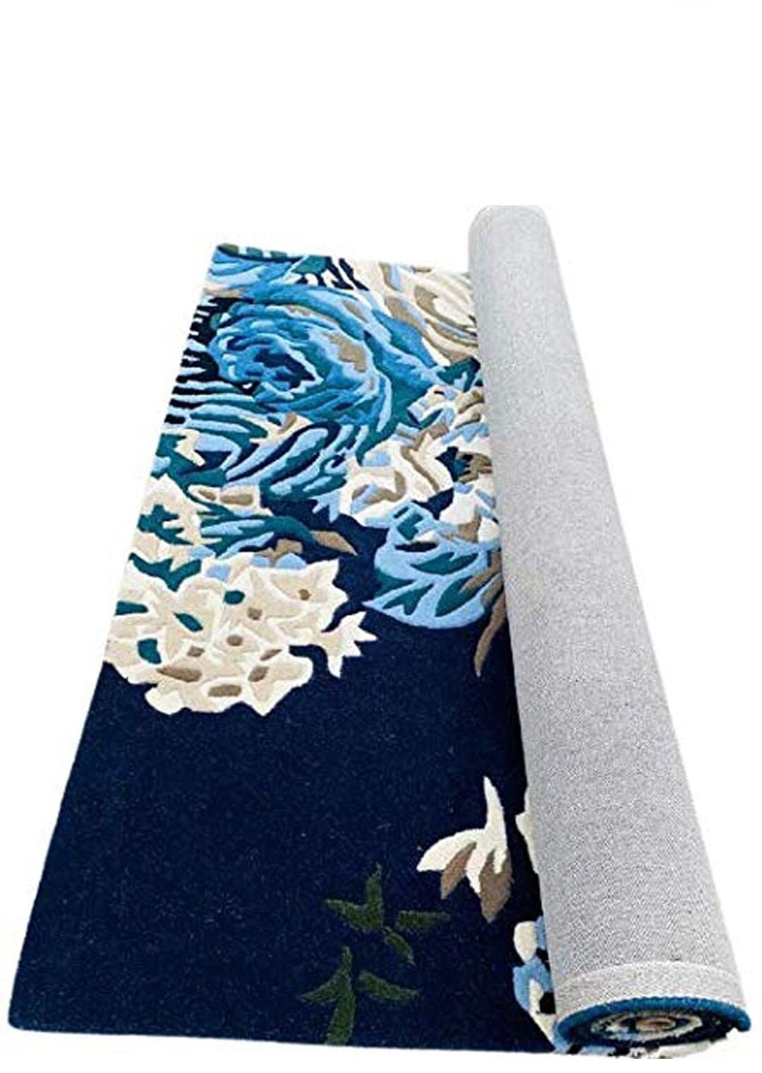 Blue White Flower Rose Design Hand Tufted 100% Wool Pile Indian Carpet ...