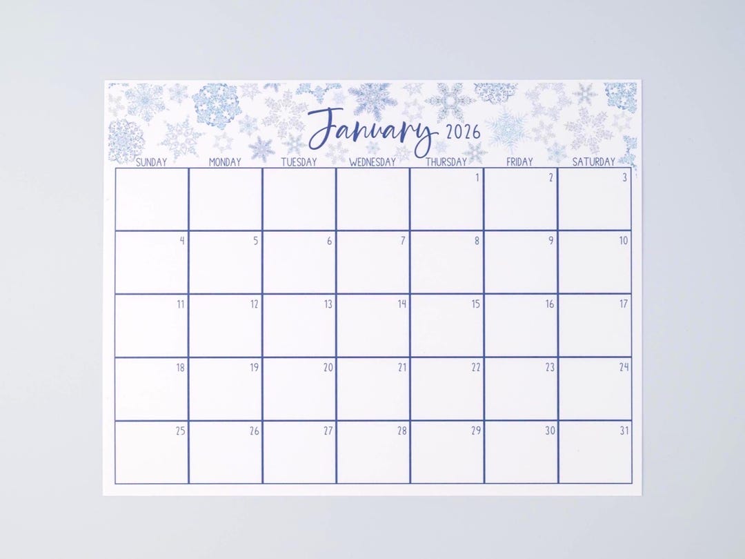 Printable January 2026 Calendar, Watercolor Snowflakes, Winter Themed ...