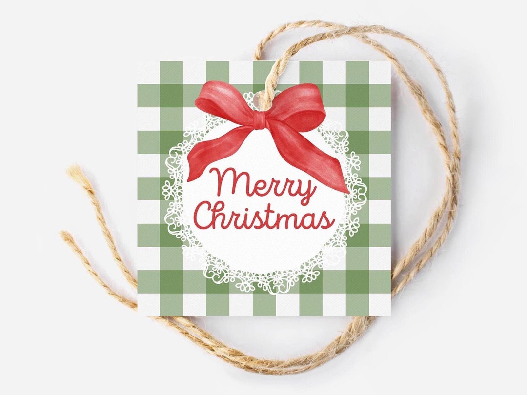 Printable Merry Christmas Square Tag, Green Gingham Treat Tag ...