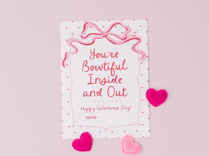 Pink Bow Valentines, Printable Classroom Valentines for Girls, Cute ...