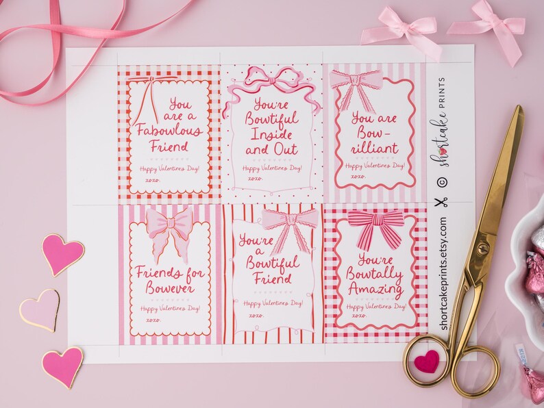Pink Bow Valentines, Printable Classroom Valentines for Girls, Cute ...
