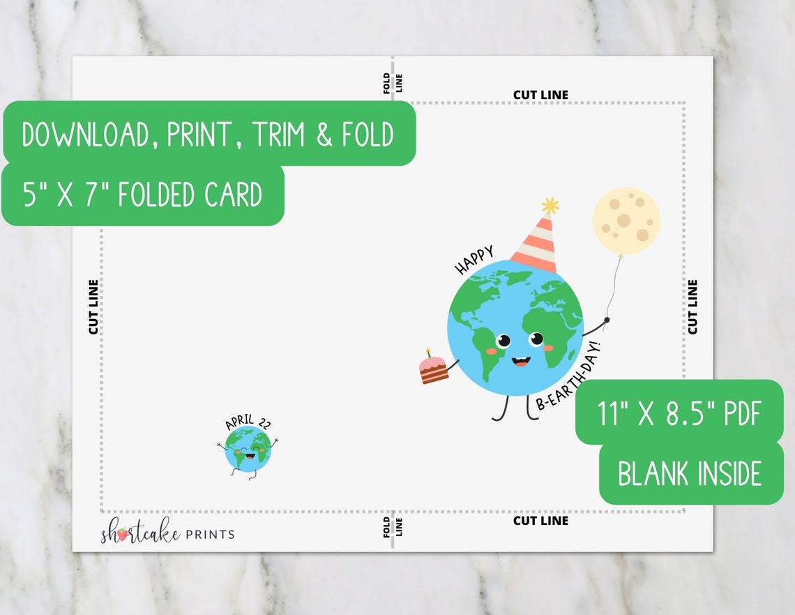 Printable Earth Day Birthday Card 5 X 7 Digital | Etsy