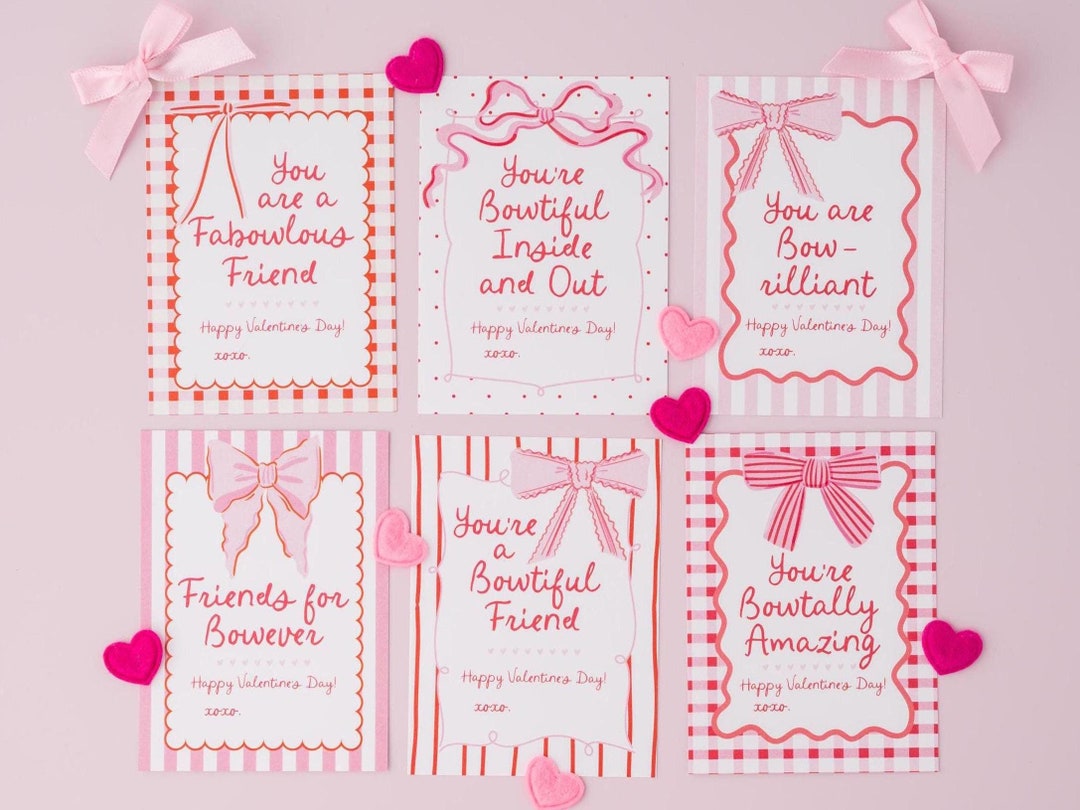 Pink Bow Valentines, Printable Classroom Valentines for Girls, Cute ...