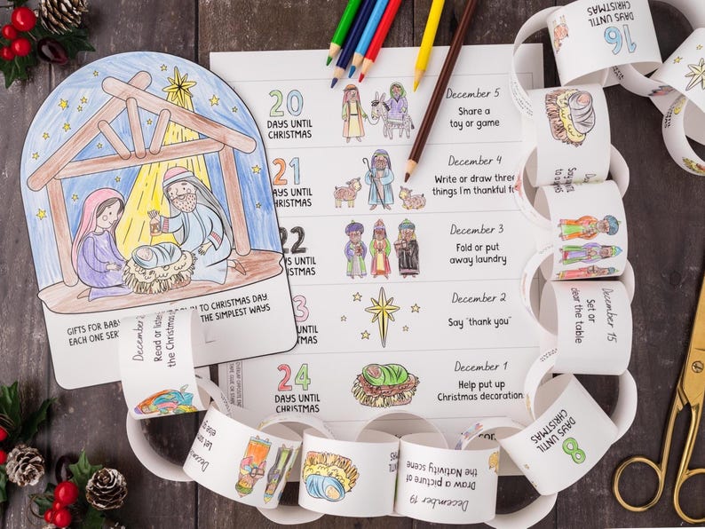 Gifts for Baby Jesus Coloring Countdown Chain, Printable Advent ...