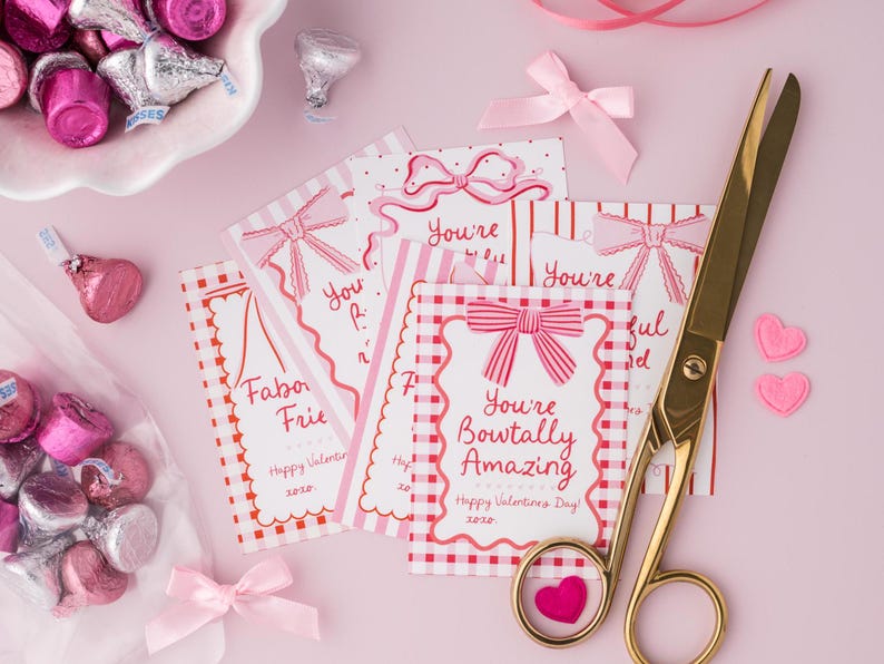 Pink Bow Valentines, Printable Classroom Valentines for Girls, Cute ...