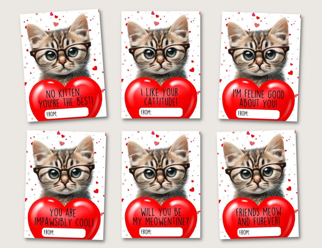 Kitten Valentine Cards for Kids, Printable Classroom Valentine's Day ...