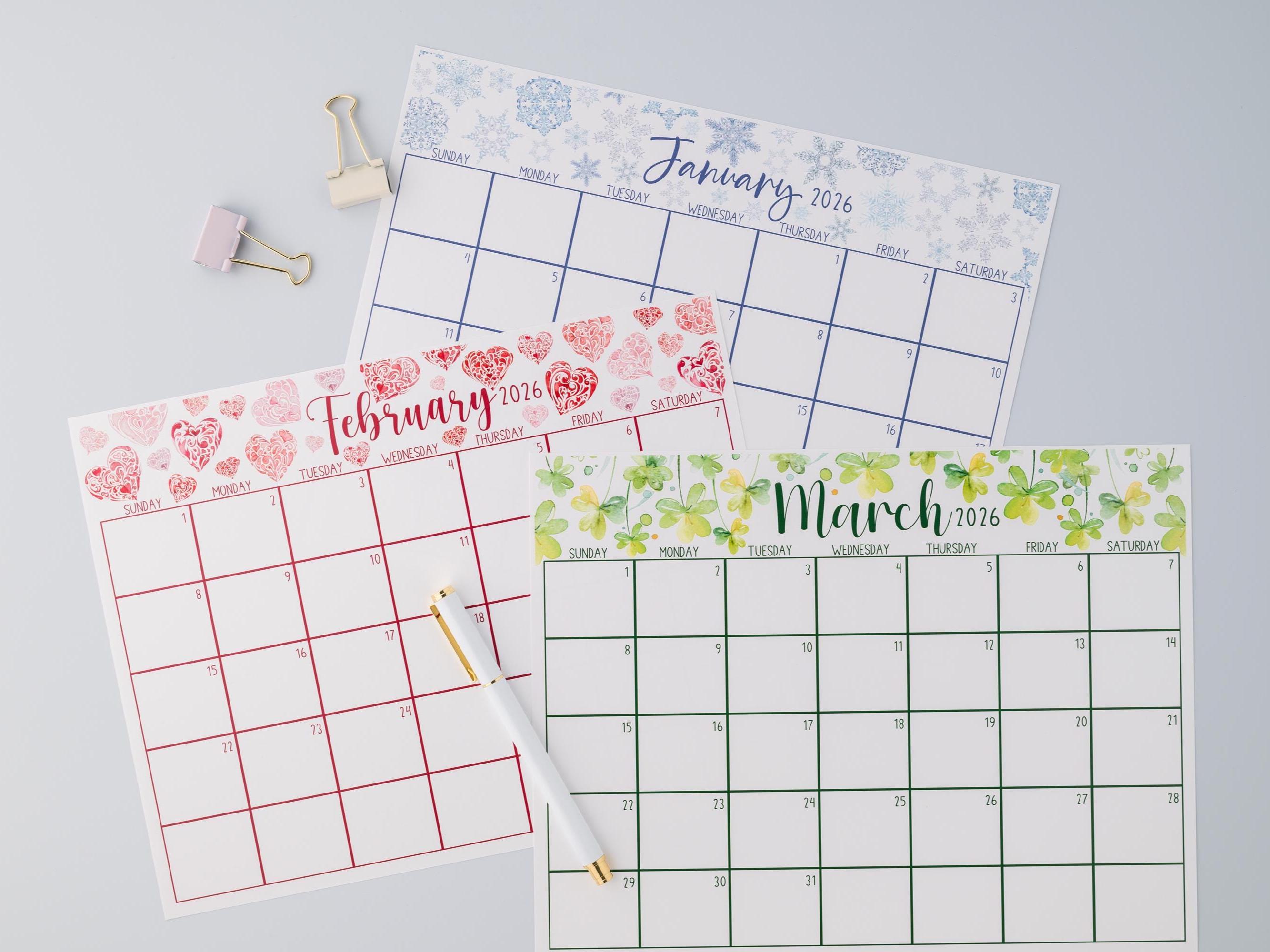 Printable 2026 Calendar, Watercolor Floral Monthly Planner, Cute ...