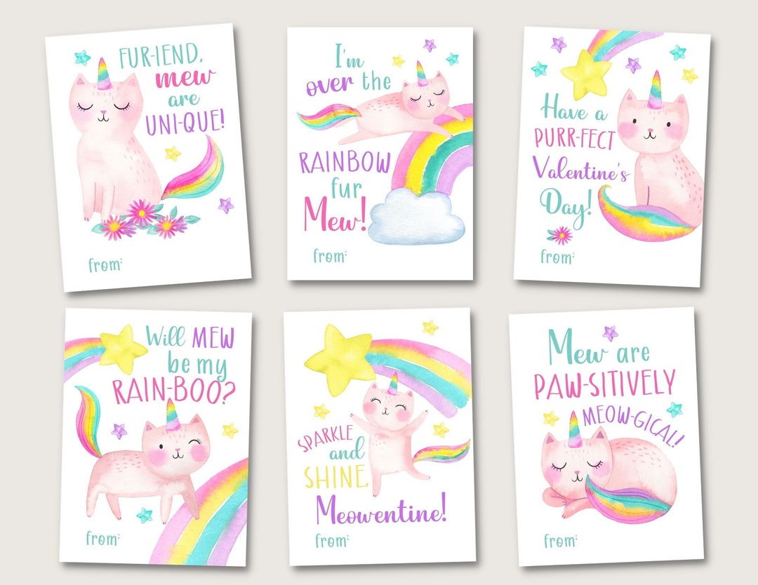 Unicorn Cat Valentines, Rainbow Valentine, Kittycorn, Caticorn, Kitten ...