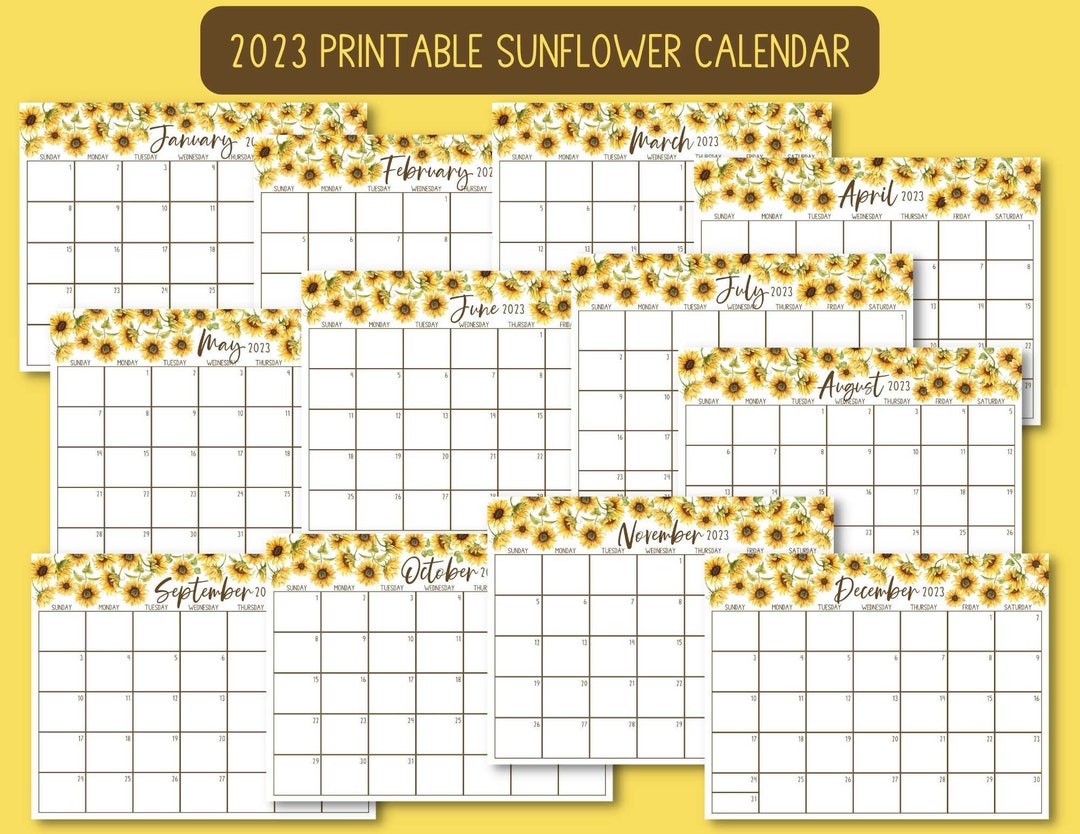 Printable 2023 Sunflower Calendar, Monthly Planner, Watercolor ...