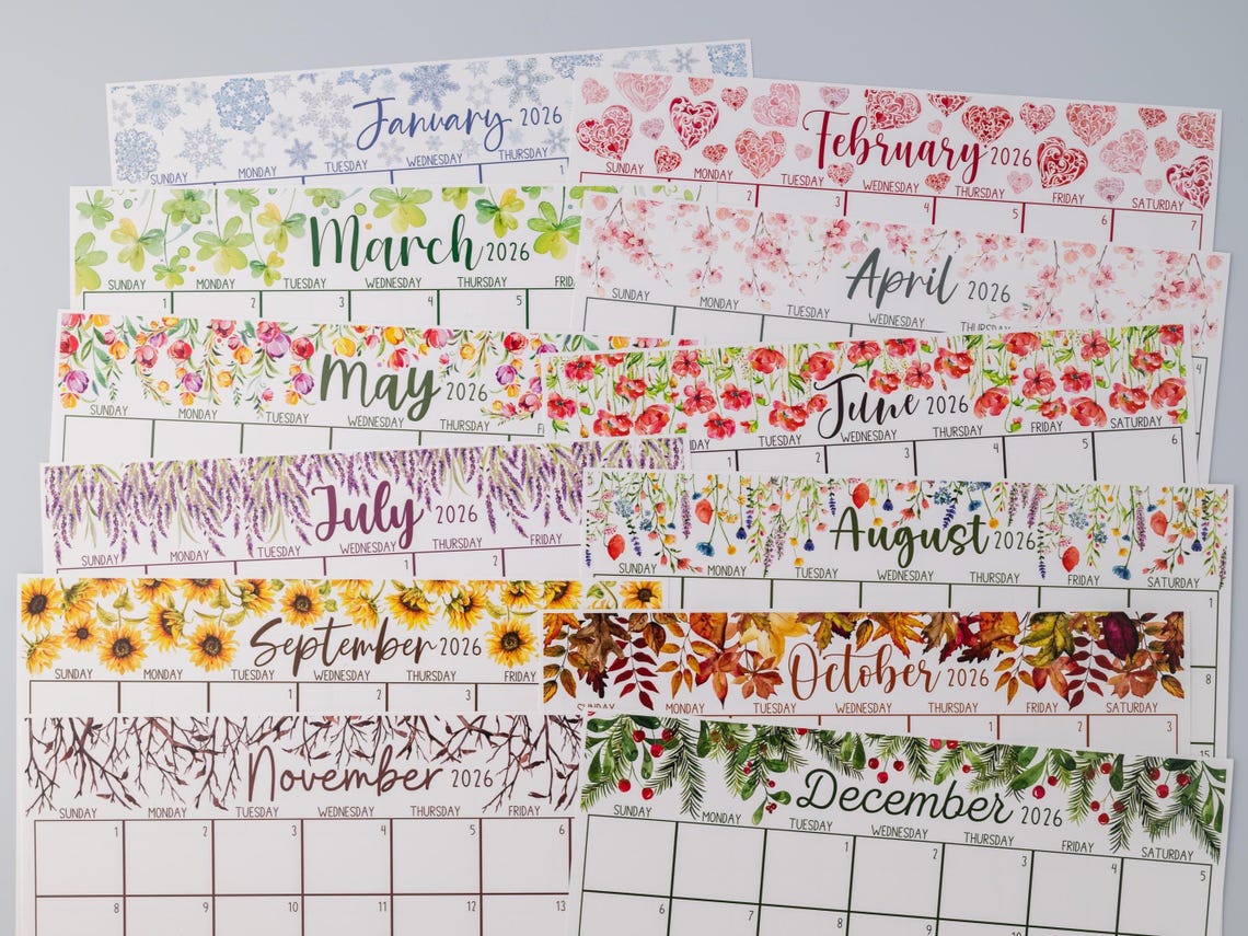 Printable 2026 Calendar, Watercolor Floral Monthly Planner, Cute ...