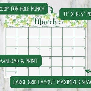 March 2024 Calendar, St. Patrick's Day, Shamrocks, Homeschool Calendar ...