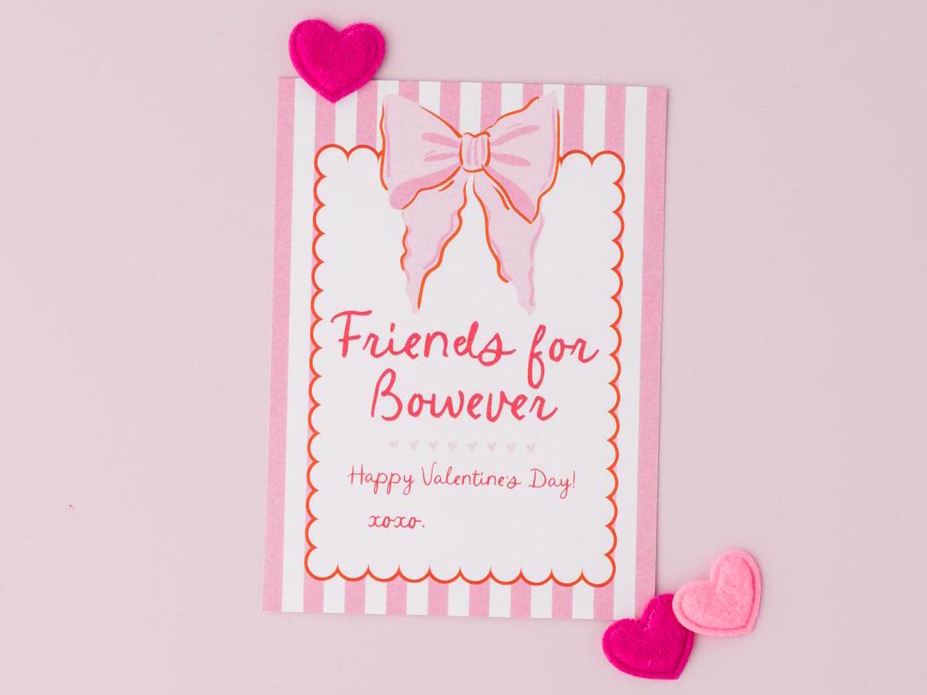 Pink Bow Valentines, Printable Classroom Valentines for Girls, Cute ...