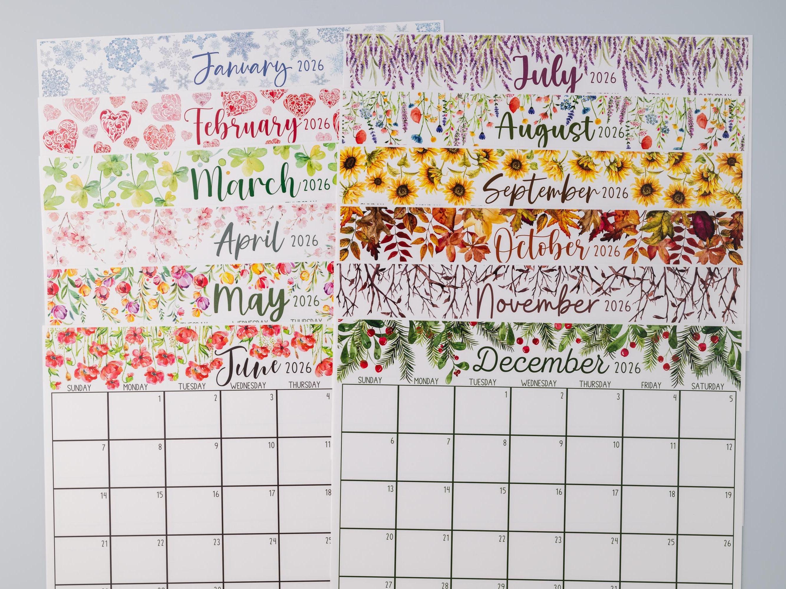 Printable 2026 Calendar, Watercolor Floral Monthly Planner, Cute ...