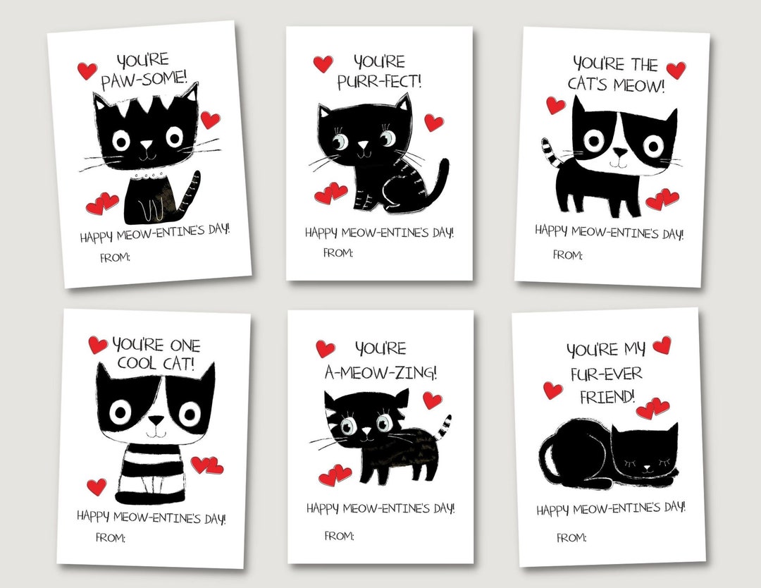 Printable Cat Valentine Cards, Cute Black Cat, Kitty Valentine for Kid ...