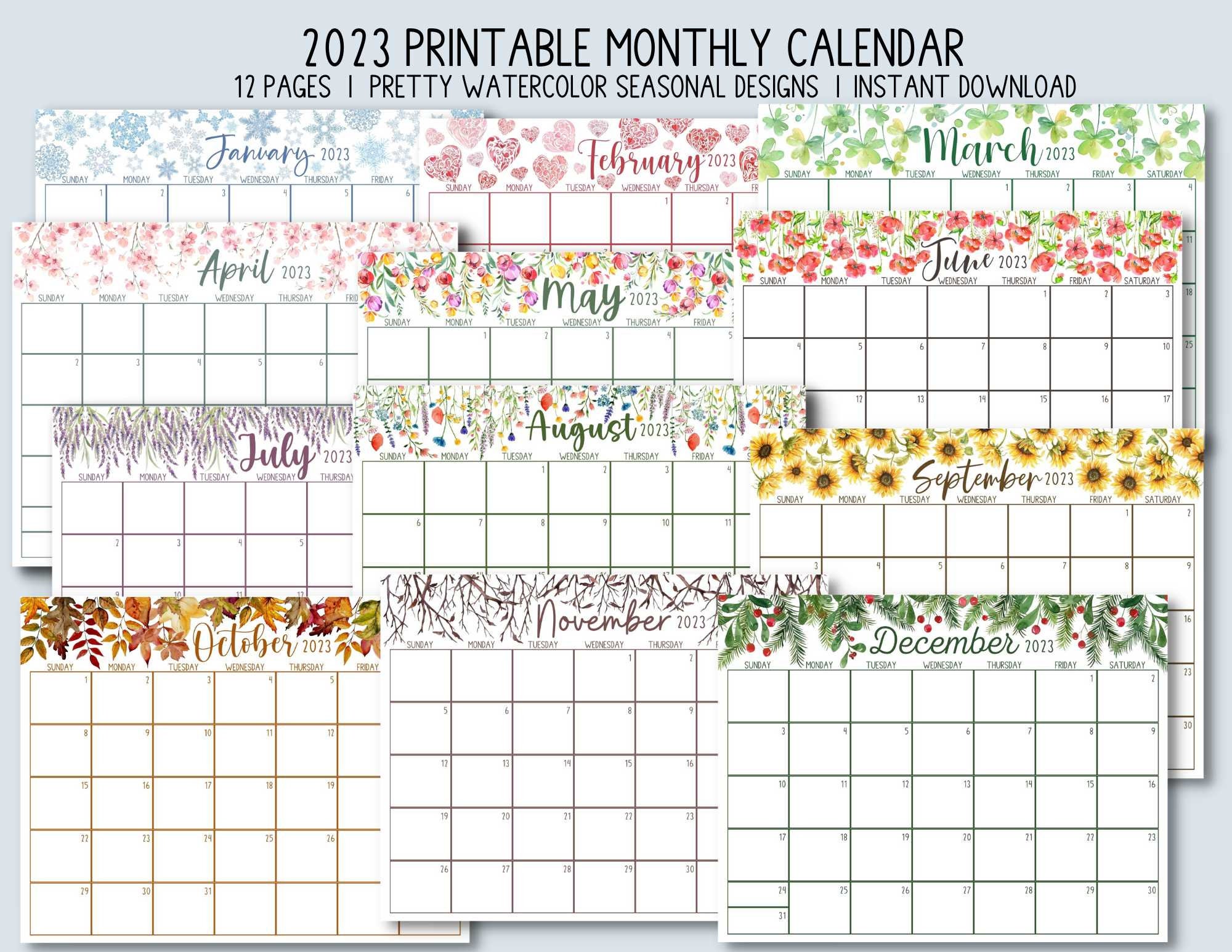 Printable 2023 Calendar Watercolor Monthly Calendar Pretty - Etsy UK