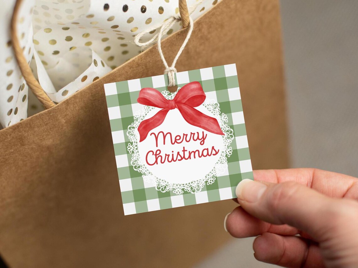 Printable Merry Christmas Square Tag, Green Gingham Treat Tag ...