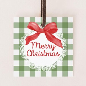 Printable Merry Christmas Square Tag, Green Gingham Treat Tag ...