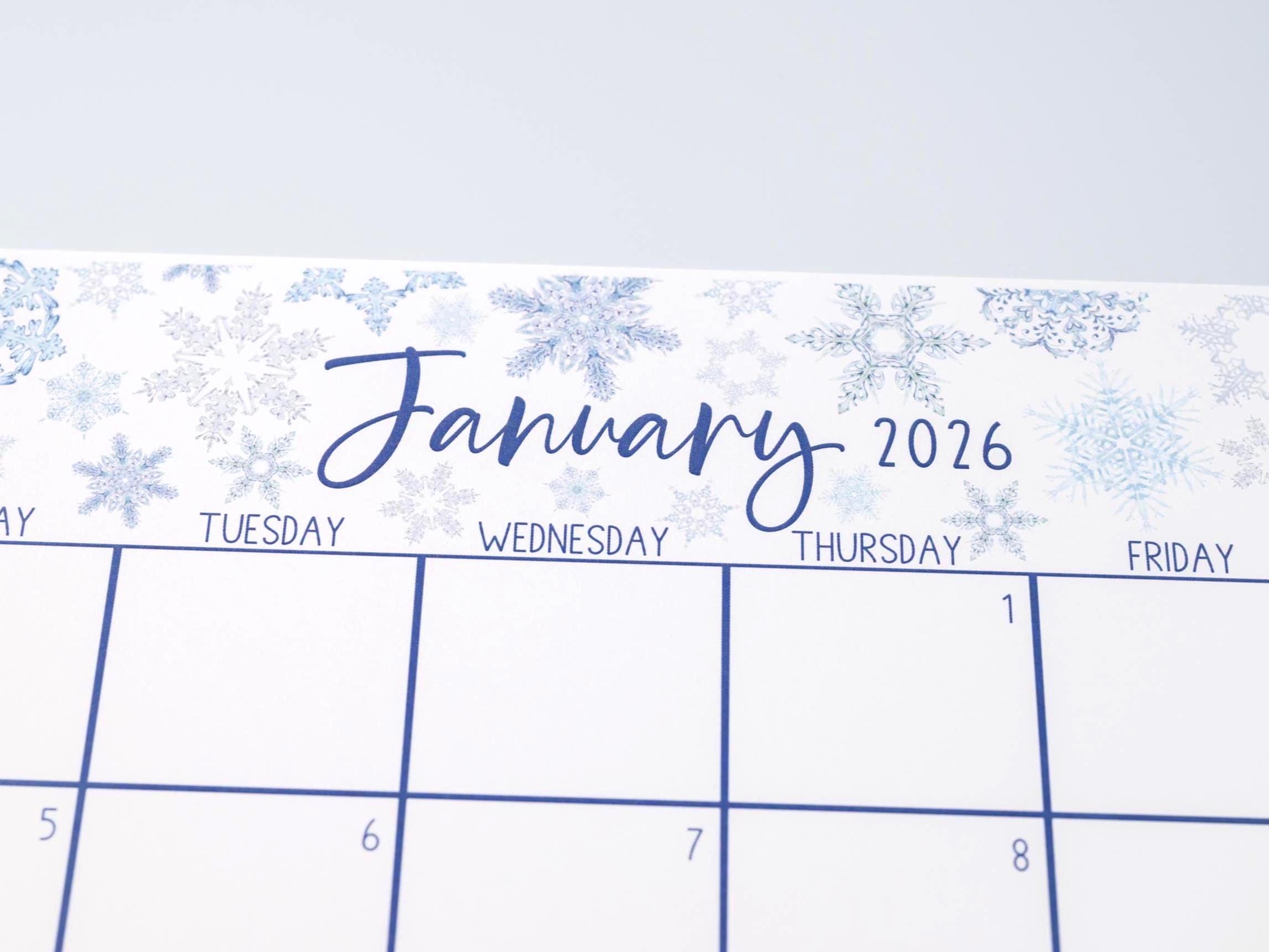 Printable January 2026 Calendar, Watercolor Snowflakes, Winter Themed ...